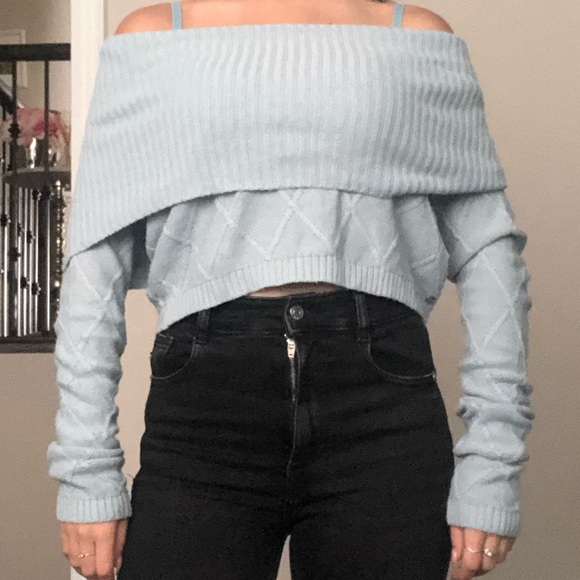 Guess | Sweaters | Baby Blue Off The Shoulder Knitted Sweater | Poshmark
